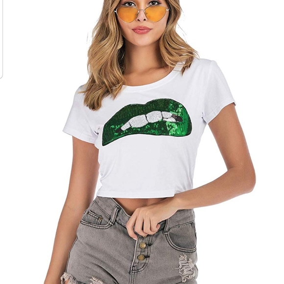 Tops | Bite My Lip Sexy Crop Top Green Sequin Med Larg Xl | Poshmark